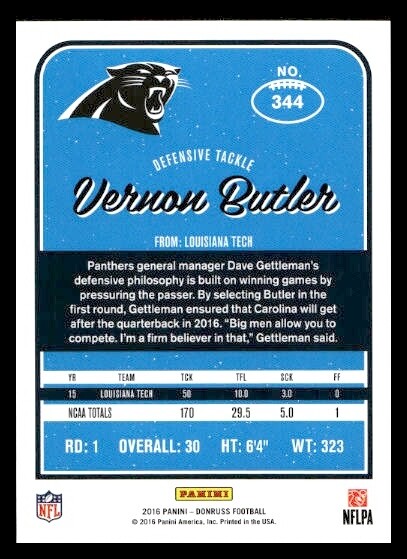 2016 Donruss #344 Vernon Butler Rookie Carolina Panthers | eBay