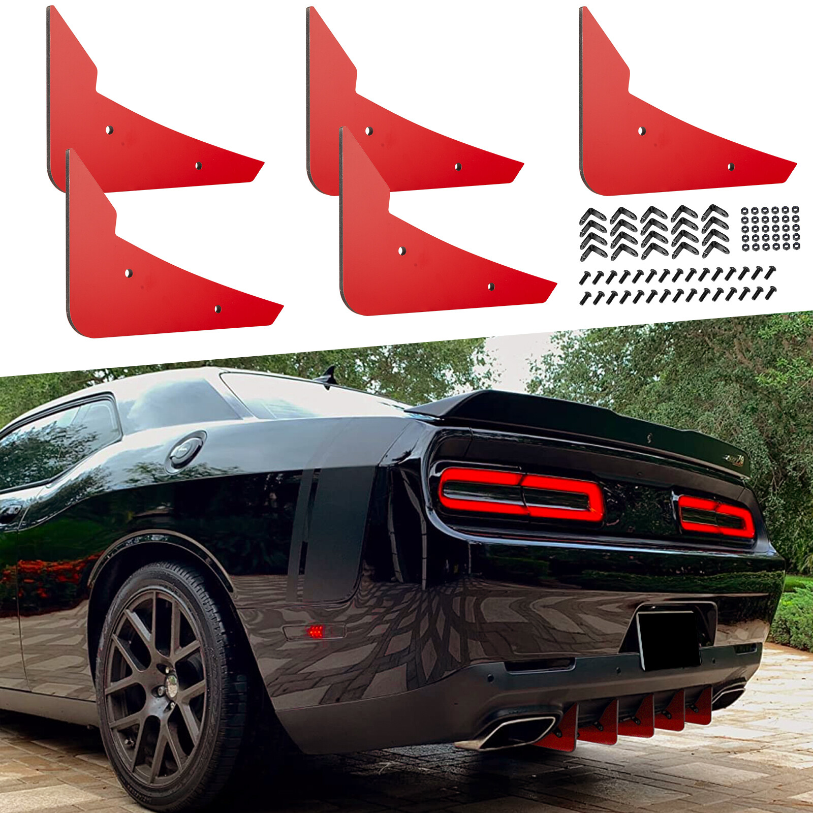 5pcs Red Rear Bumper Lip Diffuser Shark Fins Set For Dodge Challenger ...