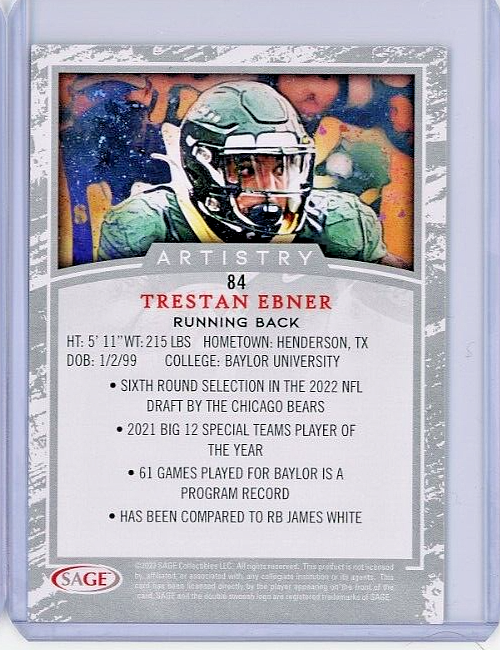 2022 Sage Hit Artistry #84 Trestan Ebner RC - Baylor / Chicago Bears ...