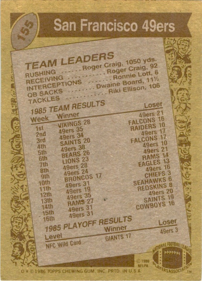 1986 TOPPS! 49ERS TEAM LEADERS SAN SAN FRANCISCO 49ERS #155 | eBay