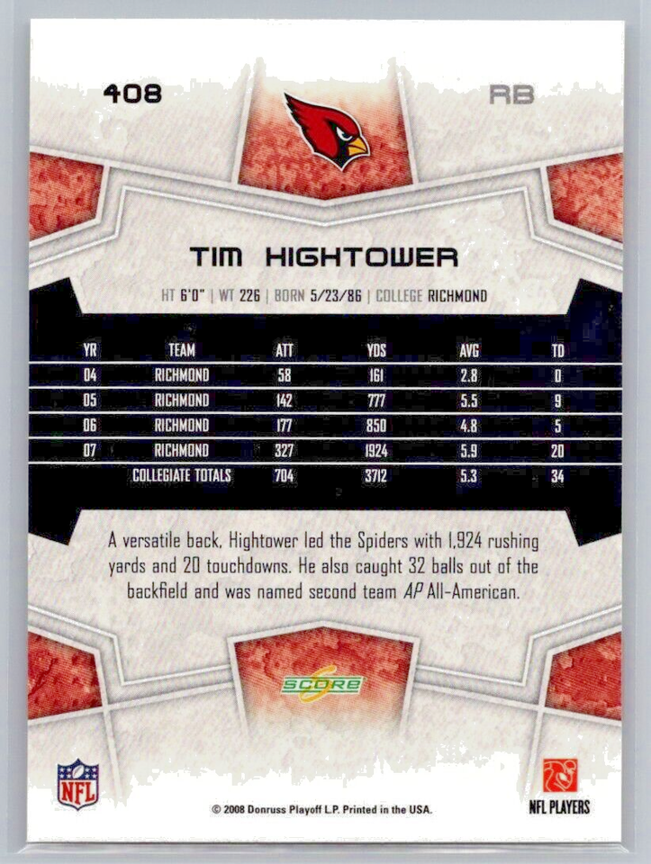 2008 Score Football - Tim Hightower - Arizona Cardinals - RC - #408 | eBay