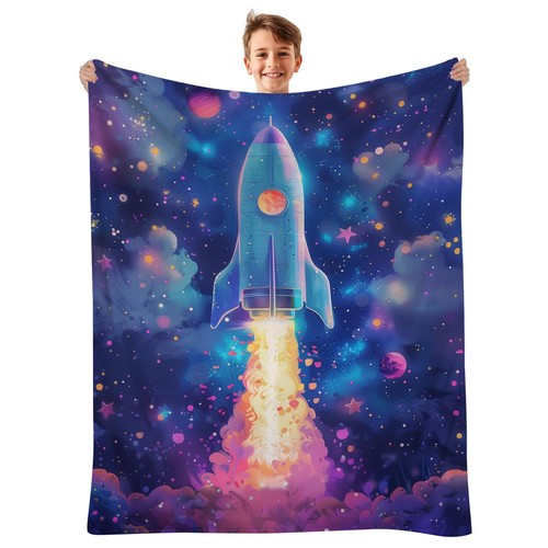 Space Fleece Flannel Blanket for , Blue Rocket Stars Planet Themed ...