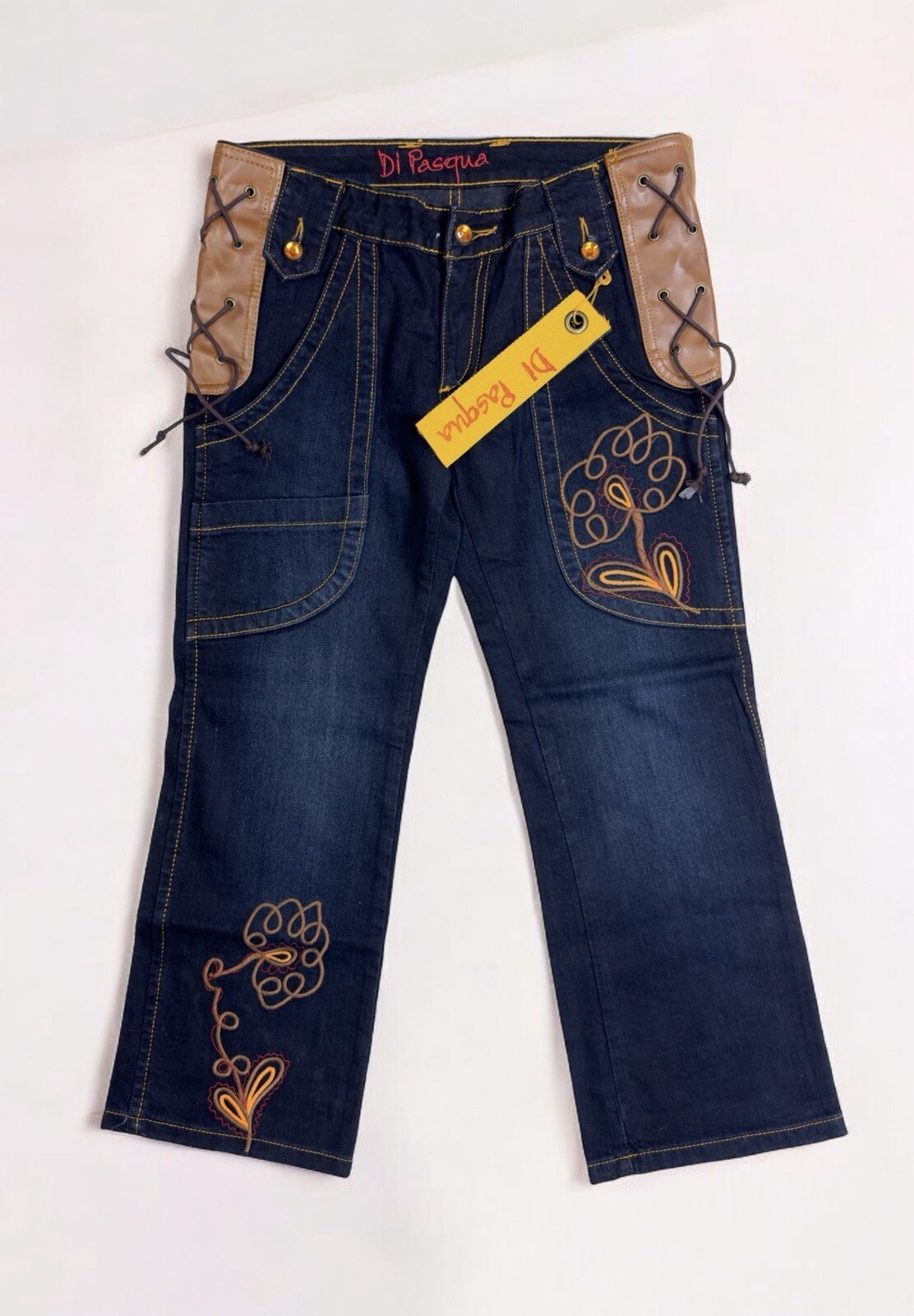 Blue Denim Lace Up Crop Jeans Capris Boho Floral Western Cowgirl Hippie ...