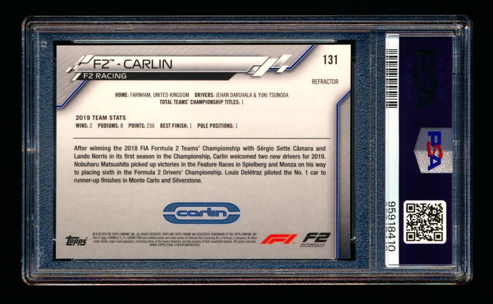2020 TOPPS CHROME F1 #131 CARLIN F2 TEAM LOGO RC REFRACTOR SP PSA 10 ...