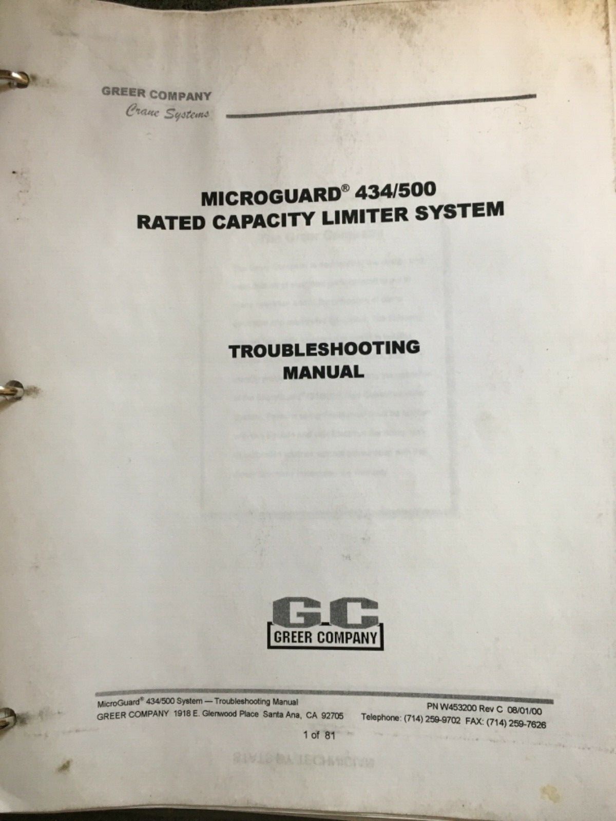 GREER MICROGUARD 434/500 CAPACITY LIMITER SYSTEM TROUBLE SHOOTING ...