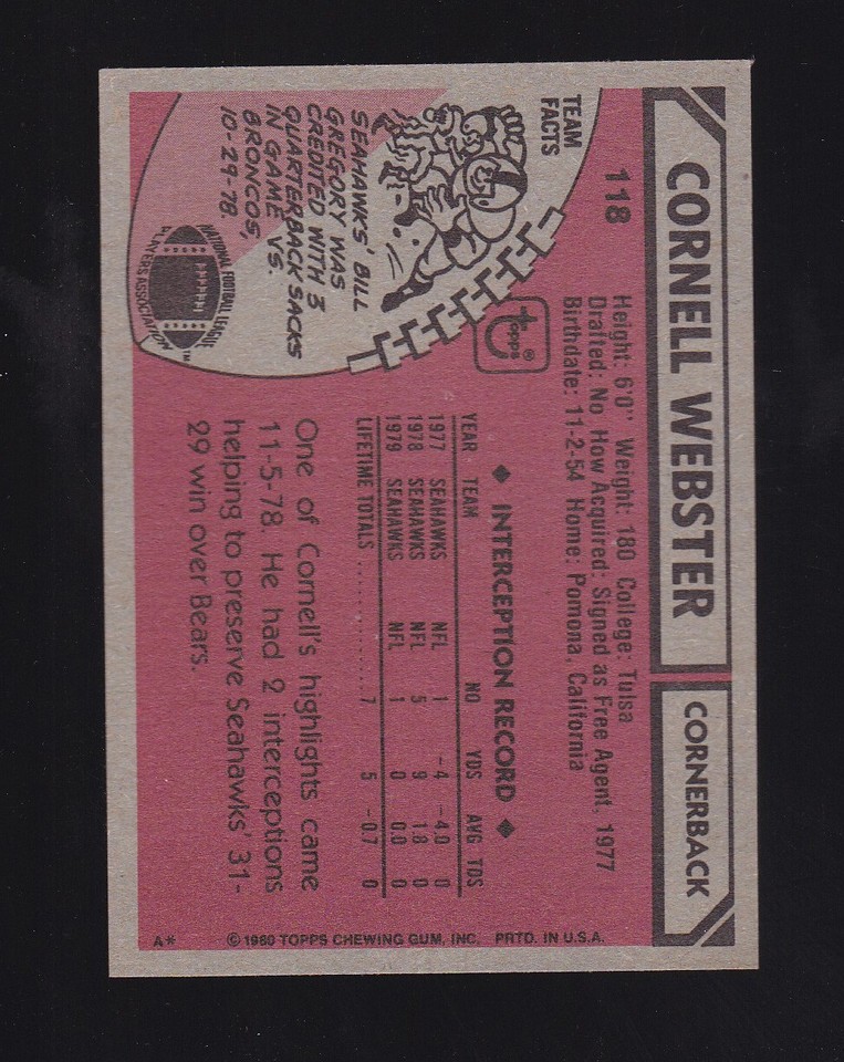 1980 Topps Cornell Webster #118 Seattle Seahawks | eBay