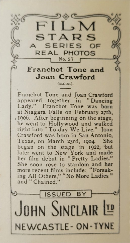 1937 Sinclair Film Stars Series 2 #57 Franchot Tone & Joan Crawford (A ...