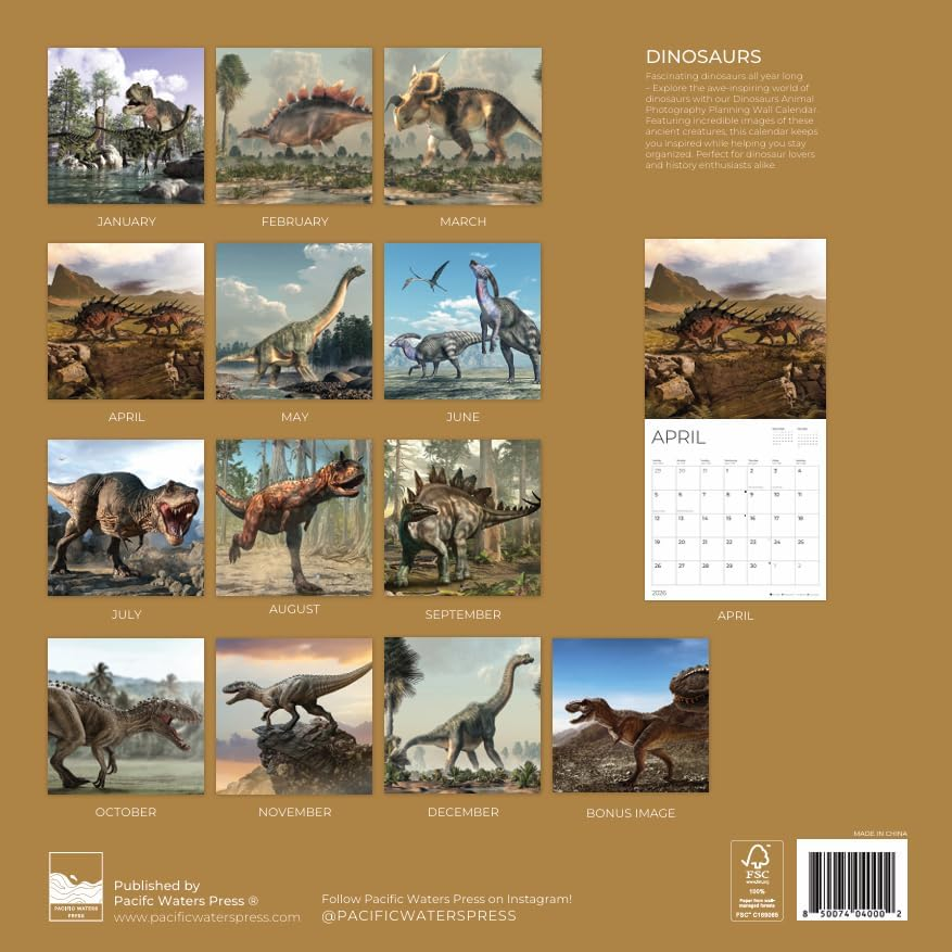 Dinosaurs 2026 Wall Calendar | 12" X 24" Open | T-Rex Calendar ...