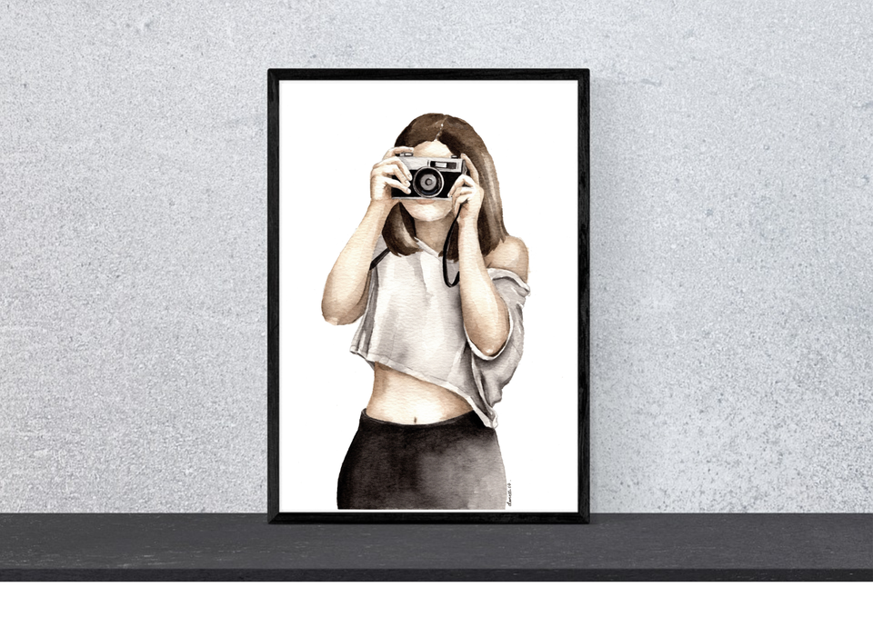 Watercolour Girl with Camera Print - photography art prints fashion ...