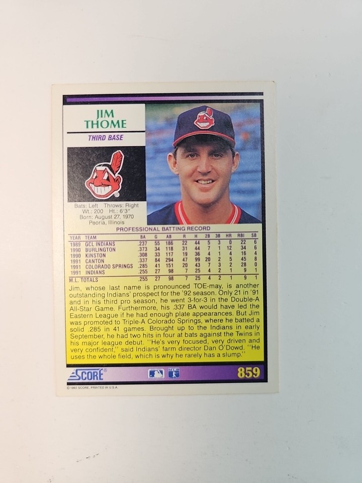 JIM THOME 1992 SCORE ROOKIE CARD, CLEVELAND INDIANS | eBay