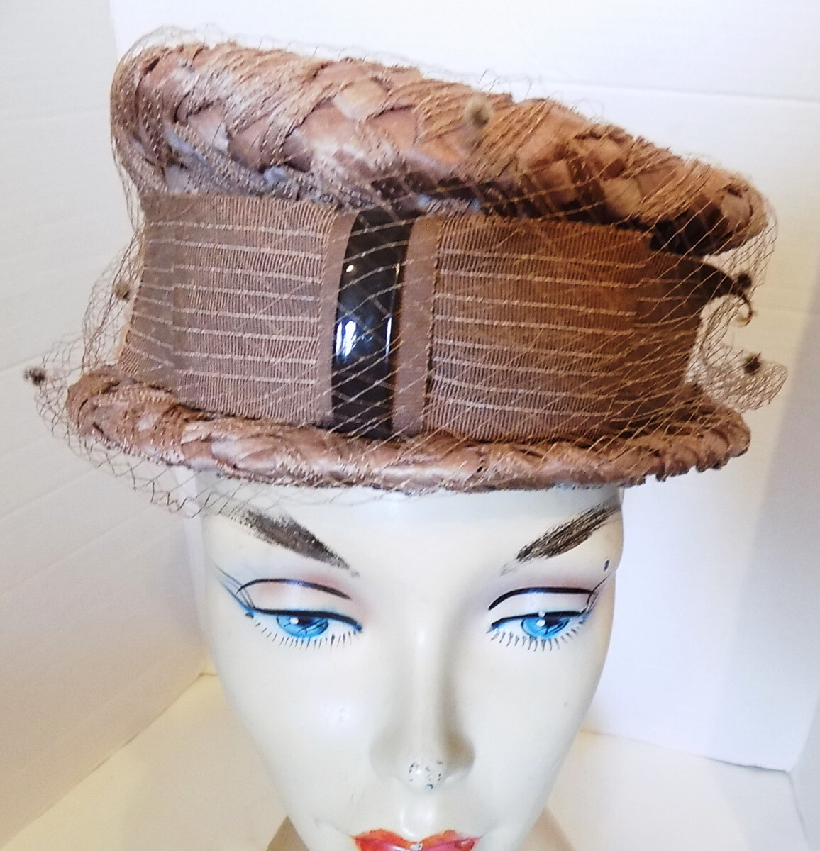 Vintage 70s Mocha Straw Hat with Veil Vinyl Trim Top … - Gem