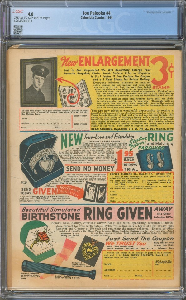 Joe Palooka #4 CGC 4.0 Columbia Comics 1944 Golden Age Soldier Cover ...