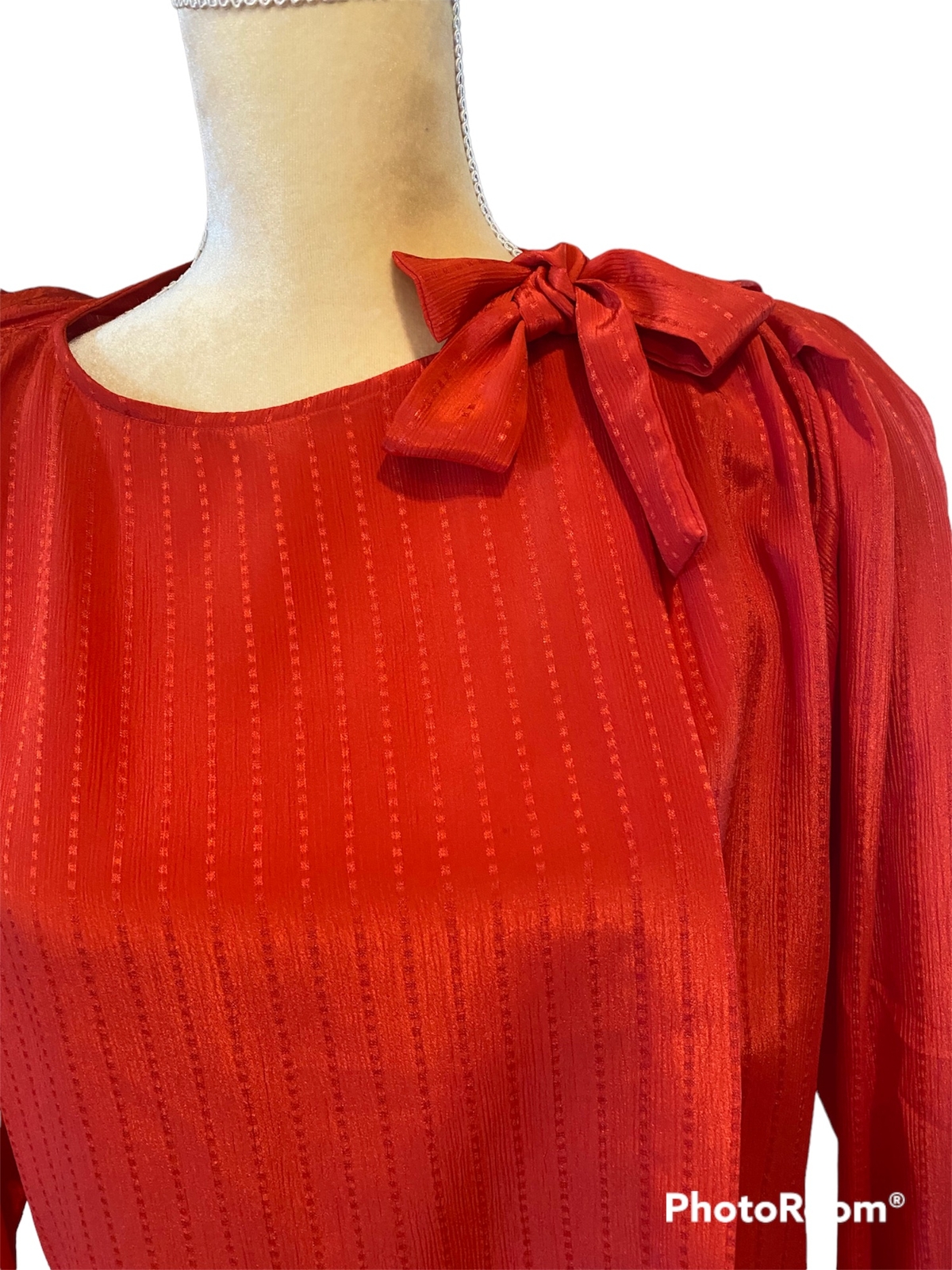 Halston III Red Satin Ribbed Blouse Long Sleeve Bow … - Gem