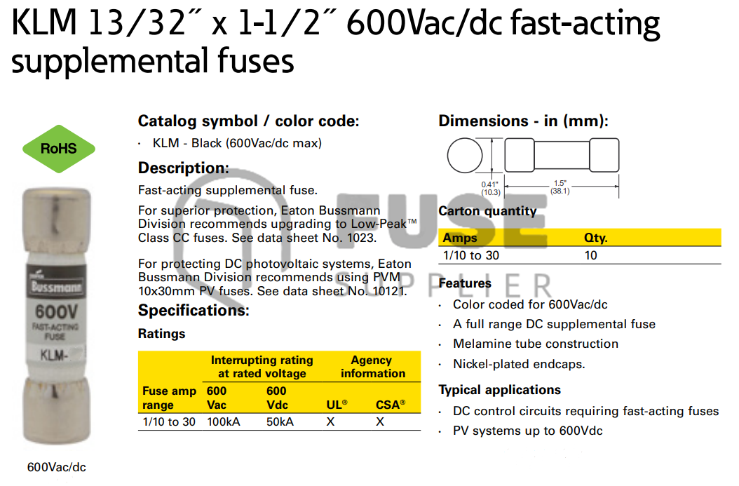 10PCS New Eaton Bussmann KLM-1 1A 600V Fast-acting Supplemental Fuse | eBay
