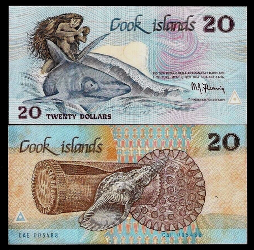 Cook Islands 20 DOLLARS P-5B 1987 SHARK TURTLE Rare Sign UNC World ...