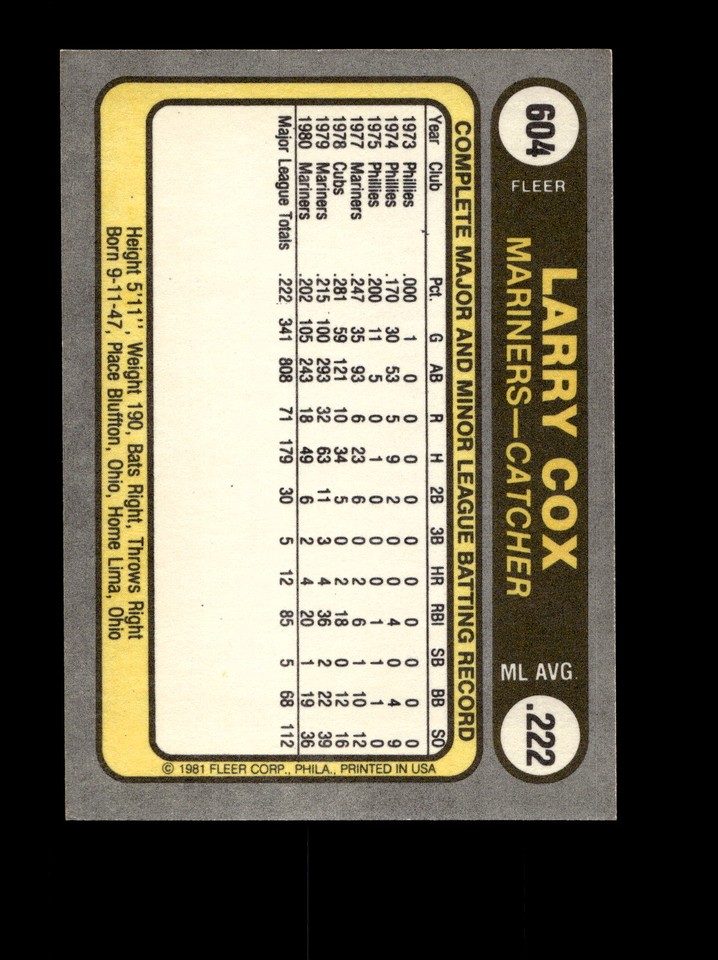 Seattle Mariners Larry Cox #604 Fleer Baseball Near Mint or Better top ...