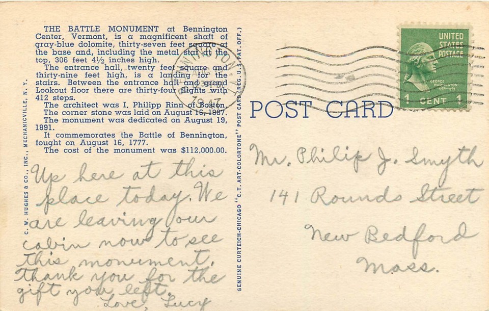 Battle Monument Col Seth Warner Monument Bennington Vermont VT pm 1947 ...