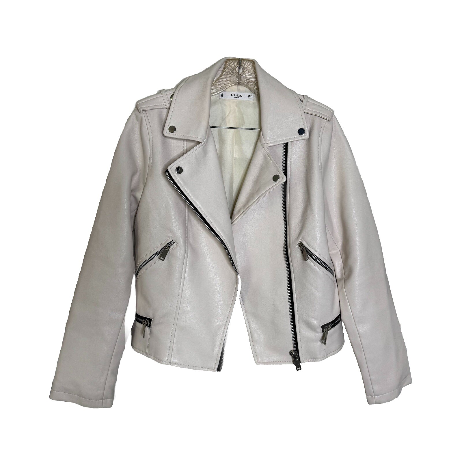 MNG Mango Faux Leather Moto Biker Jacket White Women’… - Gem