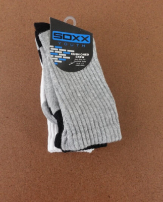 Soxx Youth Boys Shoe Size 11-6 Black Gray White Cushioned Crew Socks 3 ...