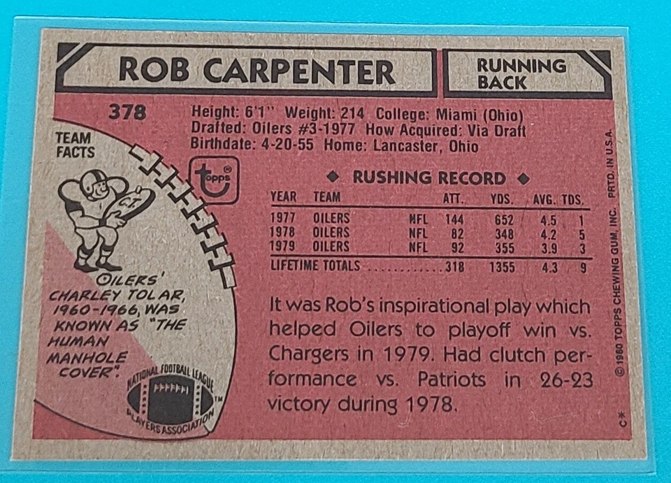 1980 Topps RC #378 Rob Carpenter Houston Oilers Football Card L5 | eBay