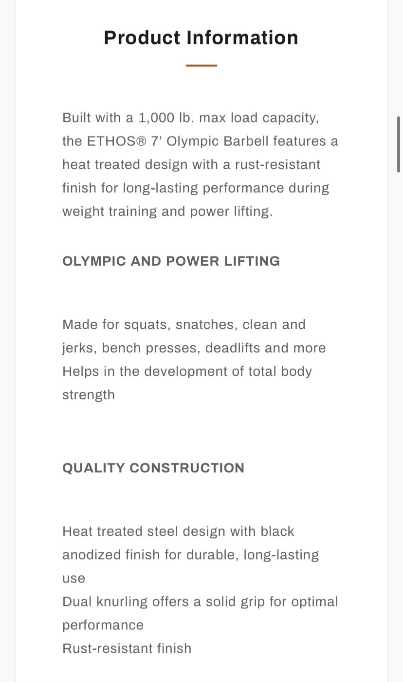 Ethos 7’ Olympic Barbell, 2” diameter, new in box, unopened. | eBay