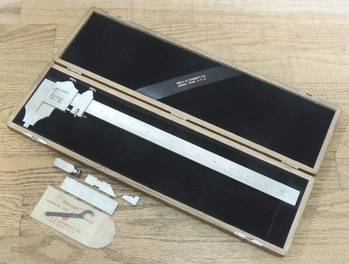 12” STARRETT No 122 E & M VERNIER CALIPERS in WOODEN CASE-MACHINIST ...