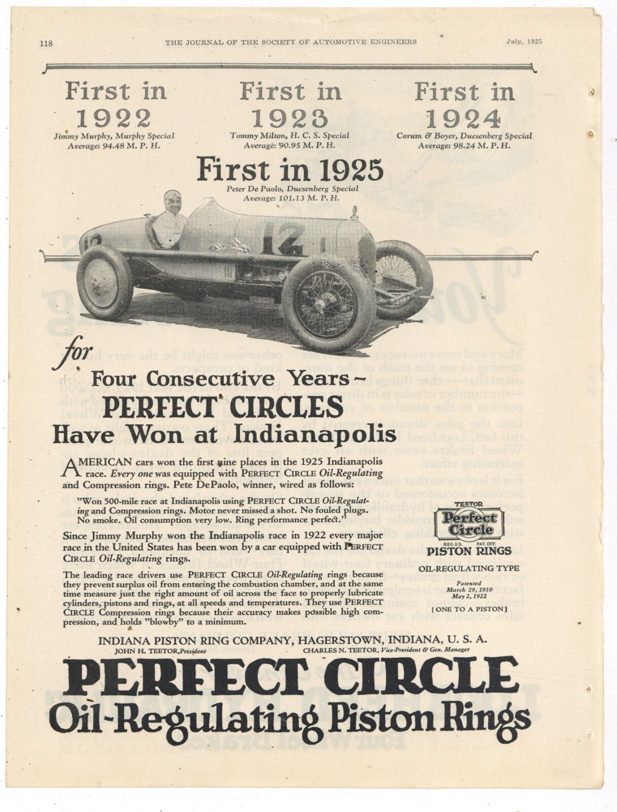 1925 Indiana Piston Rings Ad: Peter De Paolo Duesenberg Indianapolis ...
