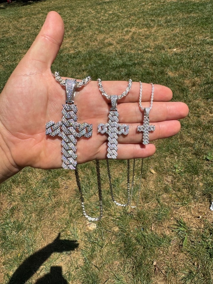 MOISSANITE Prong Miami Cuban Link Cross Pendant - 925 Silver Necklace 3 ...