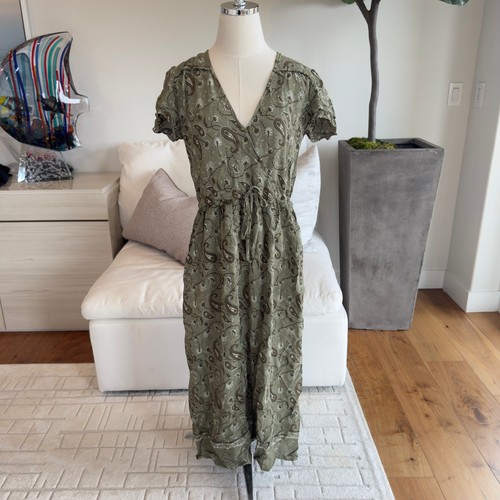 Christy Dawn Olive Green Paisley Midi Dress V-Neck Drawstring Waist ...