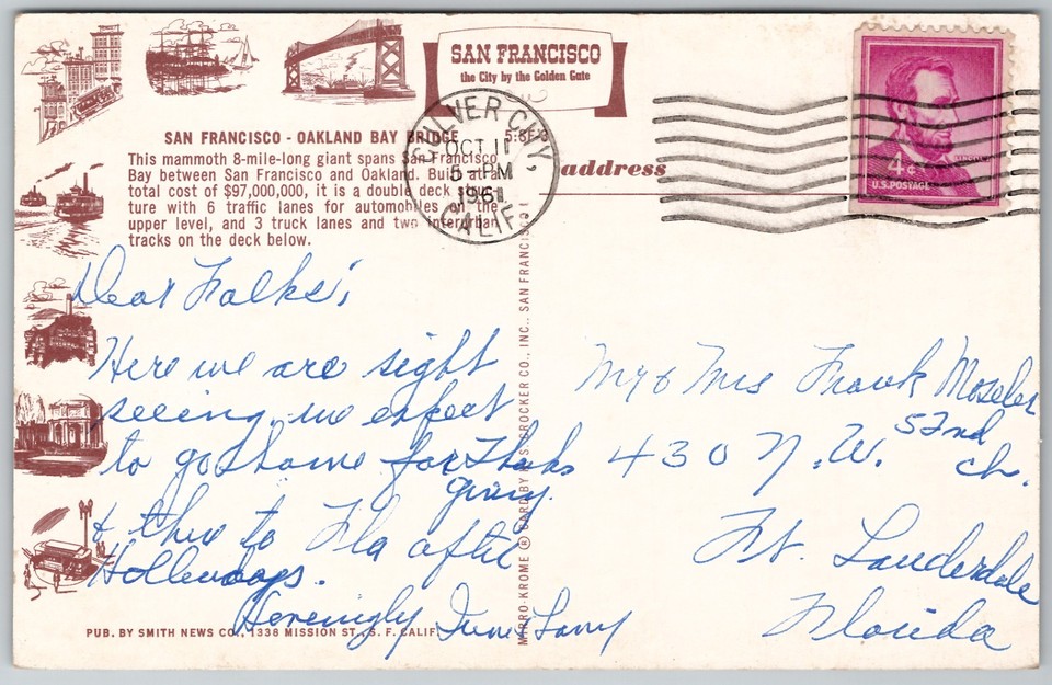 c1961 Postcard California San Francisco Oakland Bay Bridge CA Birds Eye ...