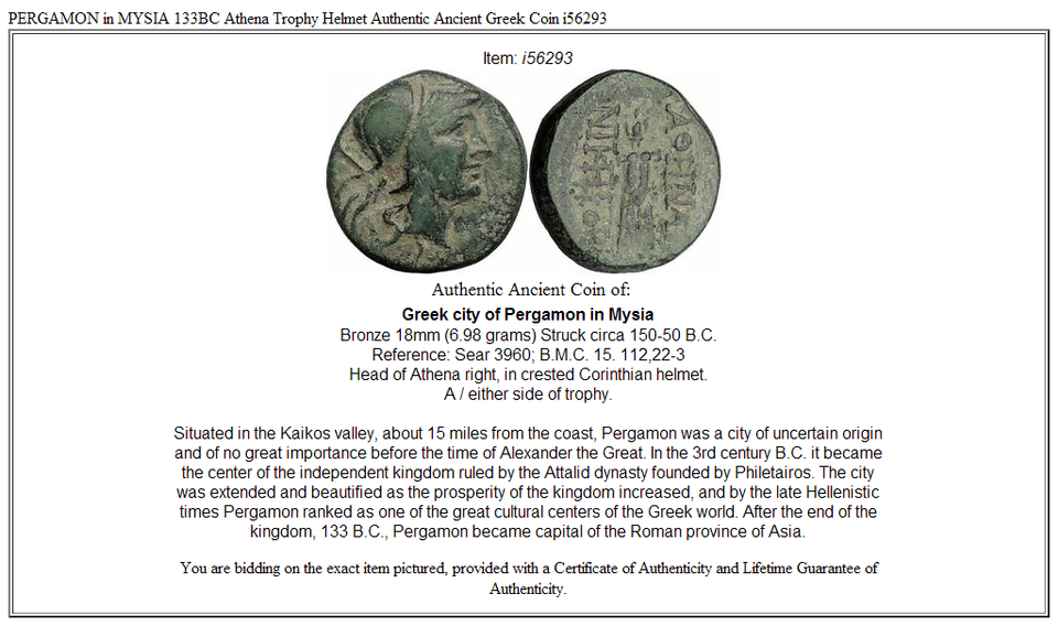 PERGAMON in MYSIA 133BC Athena Trophy Helmet Authentic Ancient Greek ...
