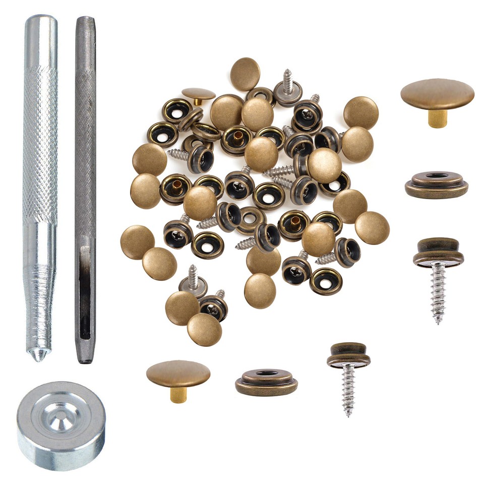 3 Part Press Studs 15mm Snap Fasteners with Tool Set Bronze Silver ...