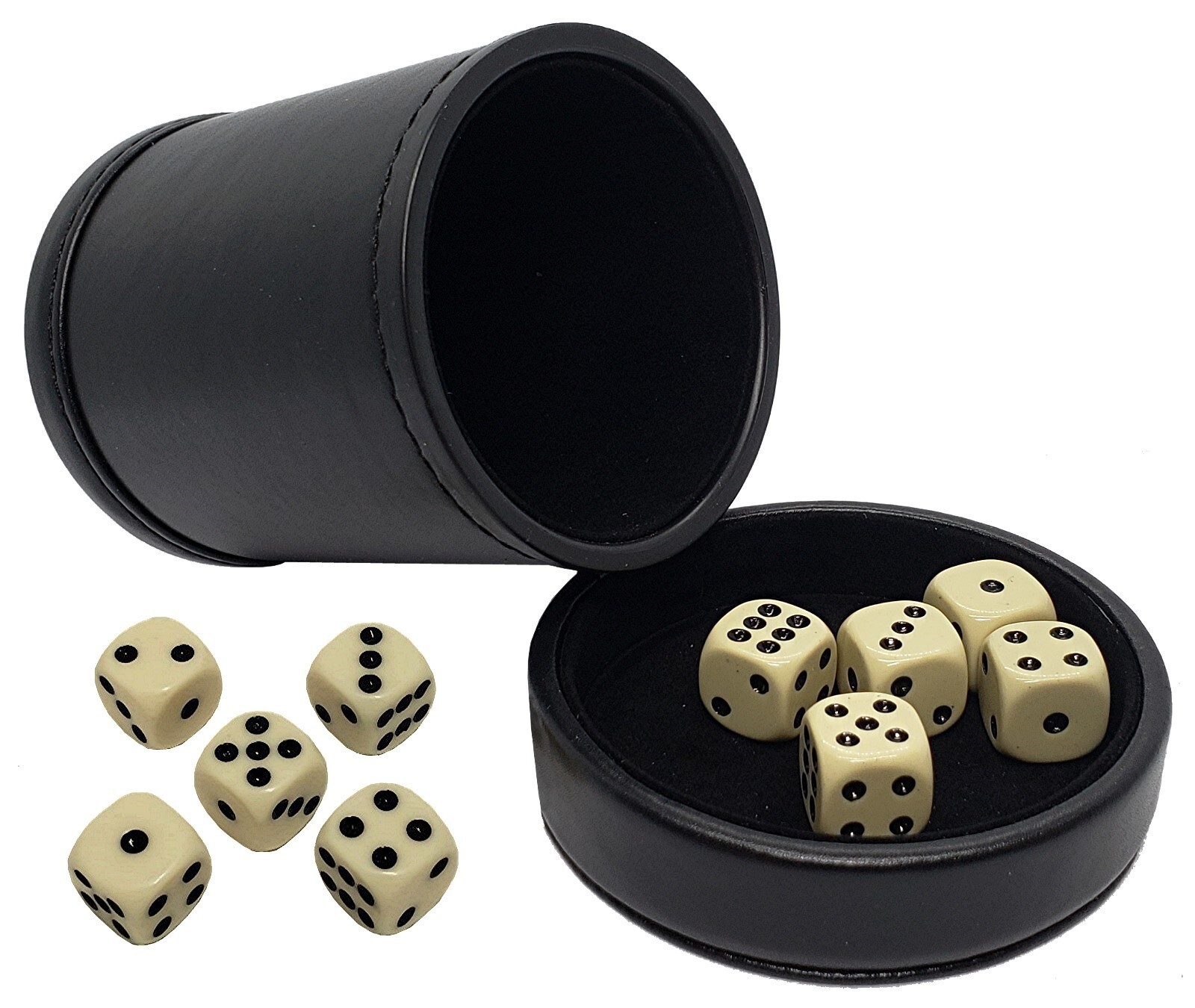 PU Leather Black Felt Lined Dice Cup Lid Tray + (10) 16mm Bone Tone Pip ...