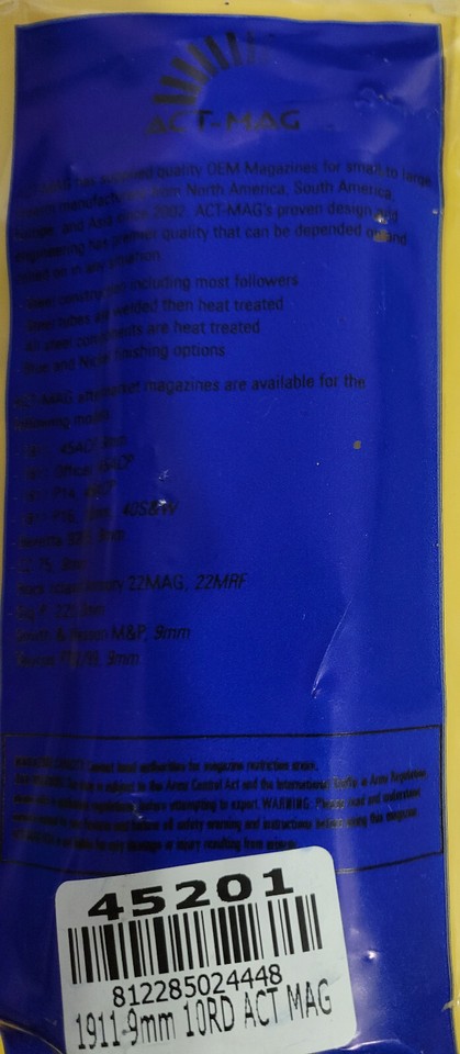 ACT-MAG for Full Size 1911 9mm 10 Round Magazine Black #45201 10rd Mag ...