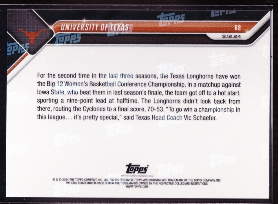 University Texas Longhorns Big 12 Champions 2023-24 Bowman U Now #68 ...