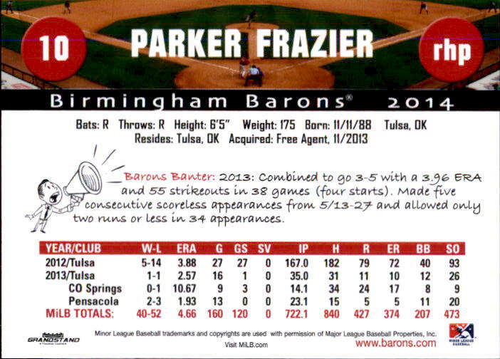 2014 Birmingham Barons Grandstand #8 Parker Frazier Tulsa Oklahoma ...
