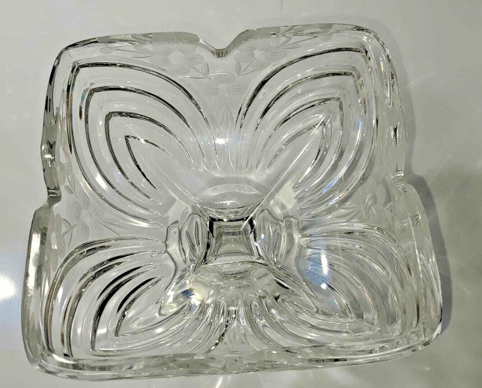 VINTAGE CRYSTAL SQUARE CLEAR GLASS COMPOTE ETCHED FROSTED FLOWERS HEAVY ...