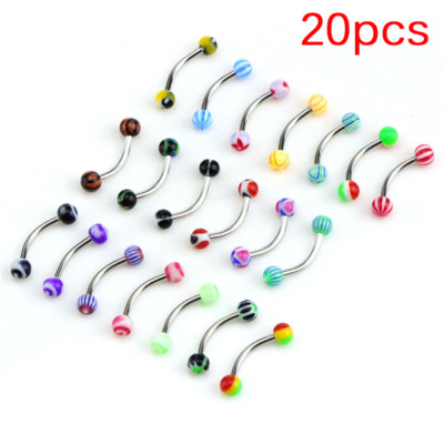 20PCS Stainless Steel Ball Barbell Curved Eyebrow Rings Bars TraguY;F9 ...
