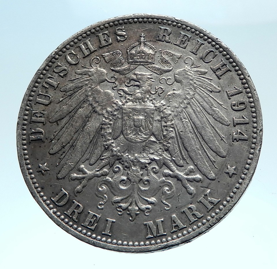 1914 F Germany GERMAN STATES Wurttemberg w WILHELM II Genuine Silver ...