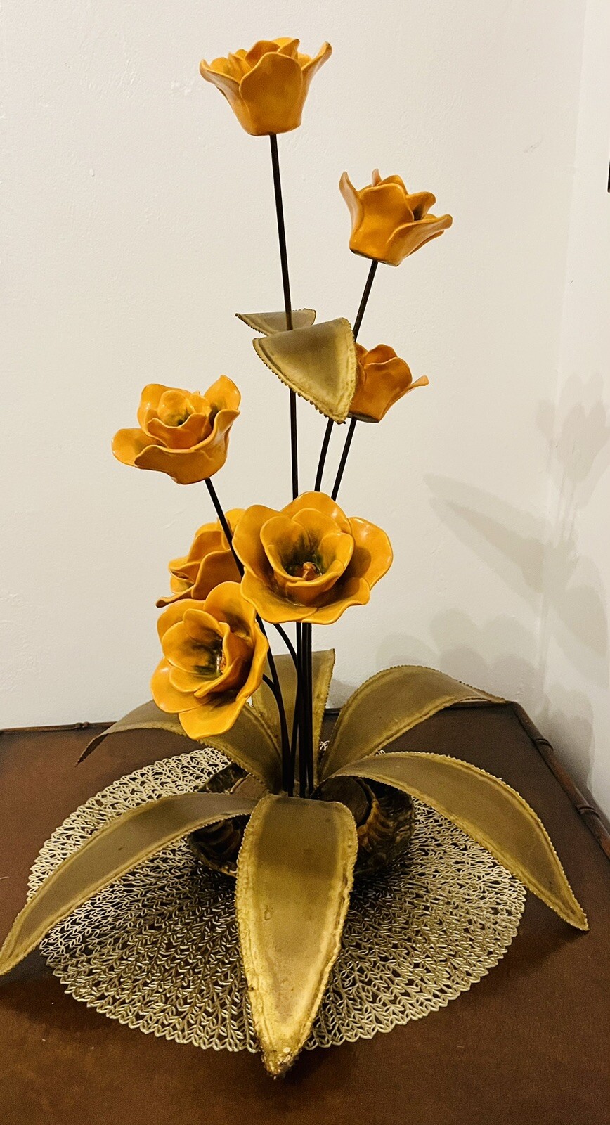 Fabulous Vintage MCM Winifred Cole Ceramic Rose Copper Leaf Sculpture ...