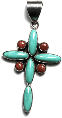 Sterling Silver DMD Turquoise Coral Cross Pendant 3" x 40mm Large Bale ...
