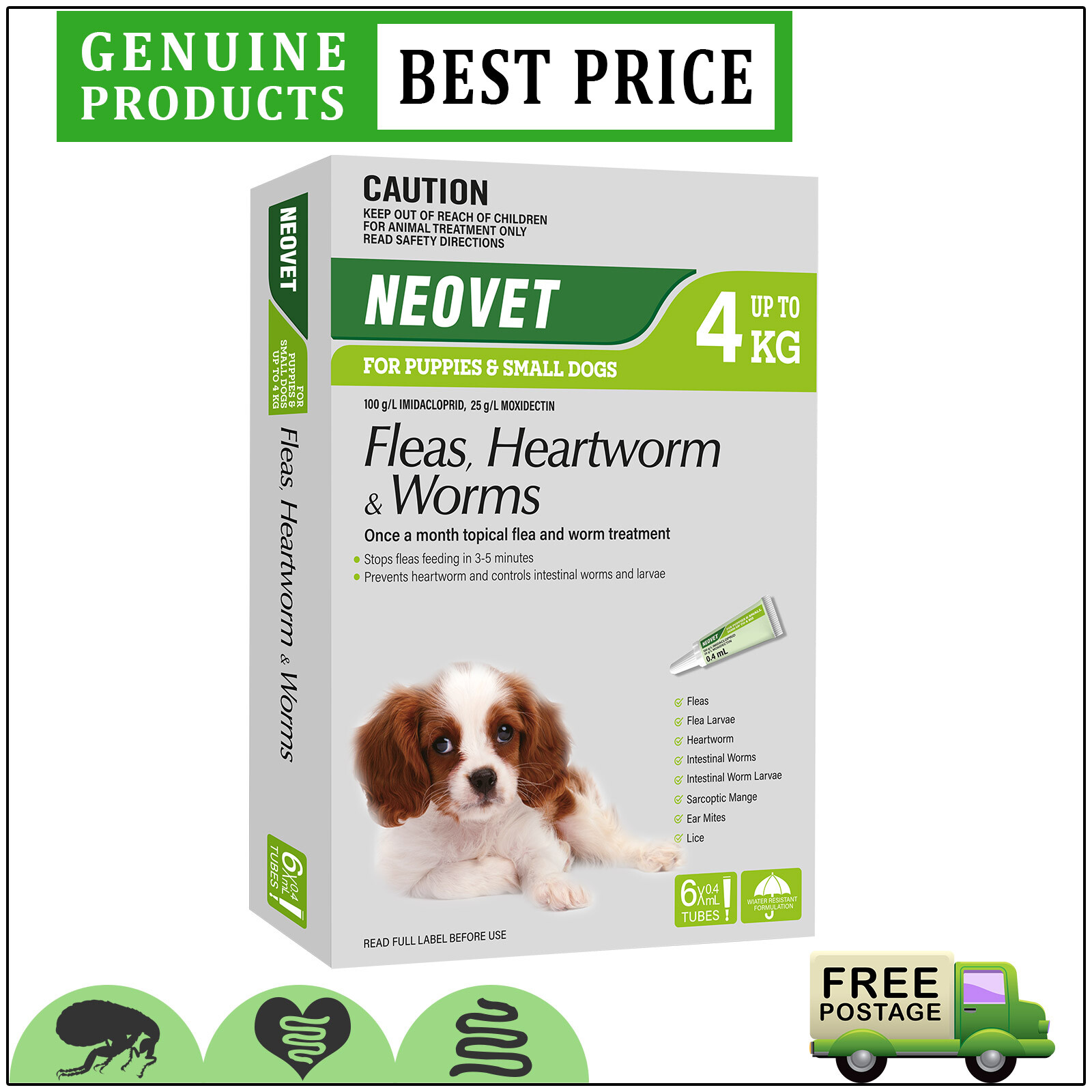 Neovet for Dogs 6 Doses Flea Heartworm Worm Control FREE Ship | eBay ...