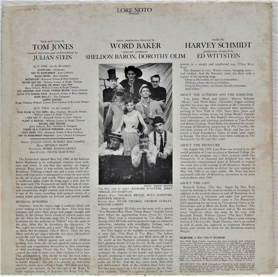 THE FANTASTICKS Lore Noto Musical LP MGM SE38720C | eBay