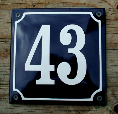 HOUSE NUMBER 43, FRENCH ENAMEL SIGN. WHITE No.43 ON A BLUE BACKGROUND ...