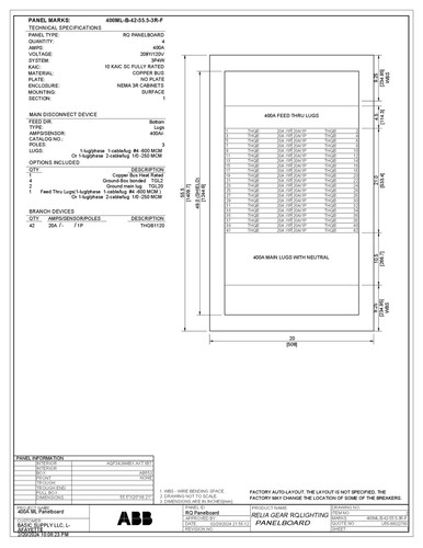 400A Main Lug Panelboard ABB RQ 208Y/120 - 240 Delta N3R 42 Circuit ...