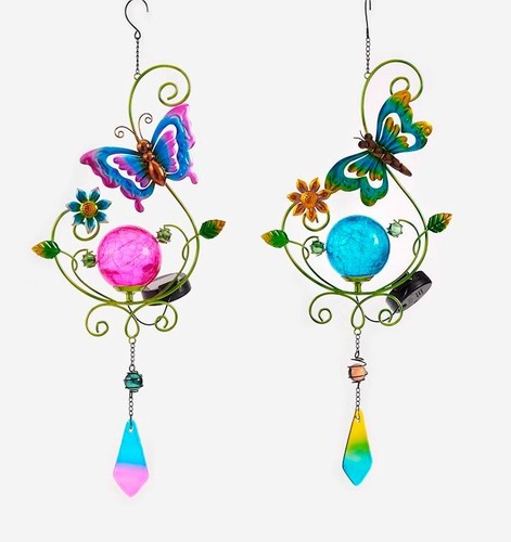 Solar Hanging Garden Decor Set of 2 with Glass Orb Teardrop Charm Pink ...