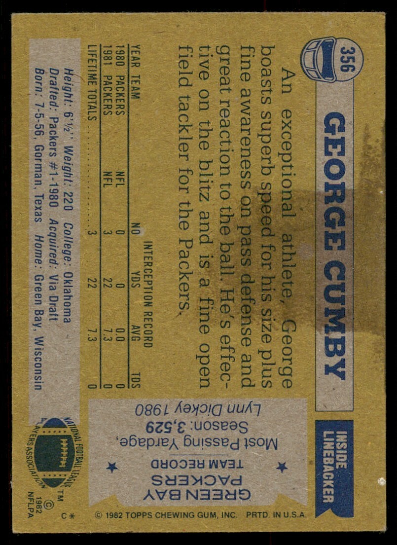 1982 Topps George Cumby #356 Mid to Low Grade Green Bay Packers | eBay