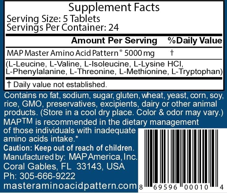 MAP Master Amino Acids Pattern 1000mg Dietary Supplement 120 Tablets ...