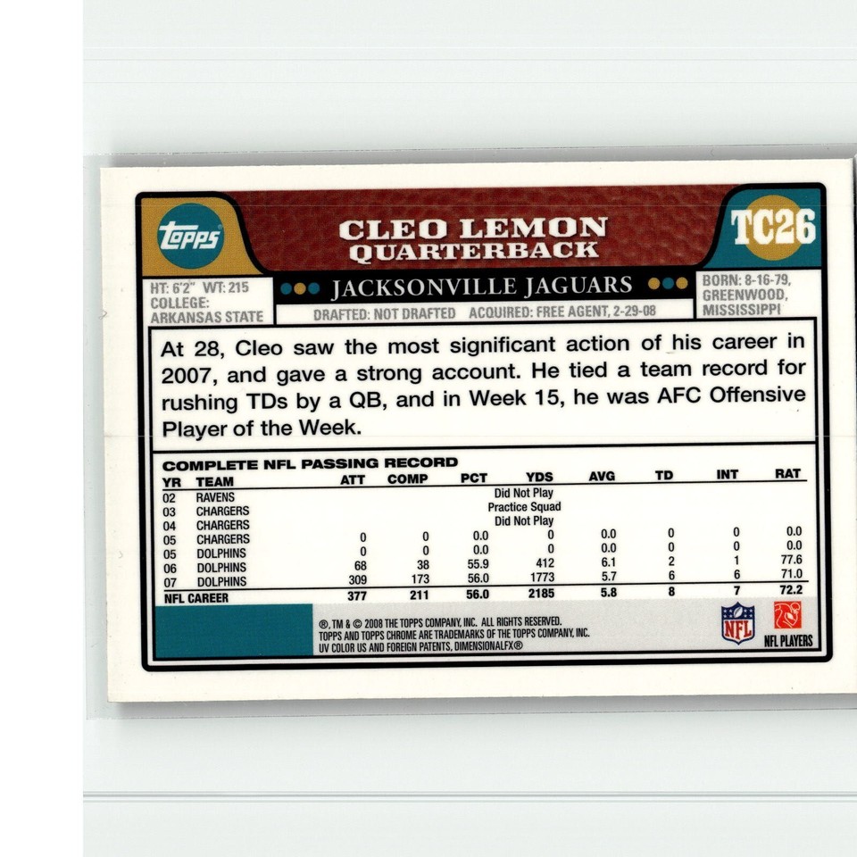 2008 Topps Chrome #TC26 Cleo Lemon Jacksonville Jaguars Football Card ...