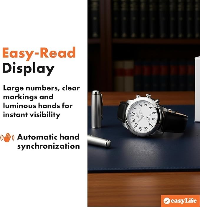 T&J Mens Radio Controlled Atomic Talking Speaking Watch Black Leather ...